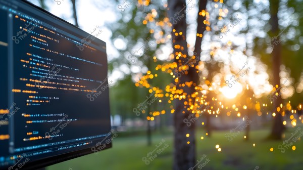 The Stock - A computer screen displays multicolored programming code amidst a green natural ...